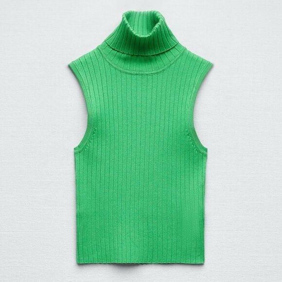 Zara | Tops | Zara Ribbed Green Knit Top Sleeveless High Neck Tankmock ...
